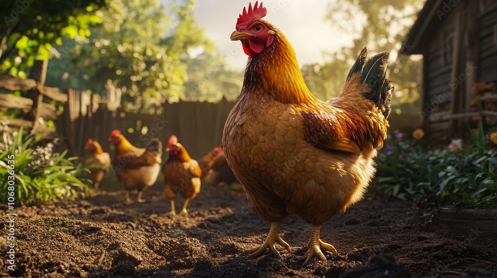102.A close-up of a hen walking through a sun-dappled farmyard, her ...