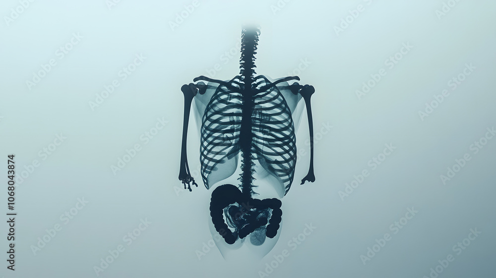 Close-up of a medical chest X-ray image on a light background, showing ...