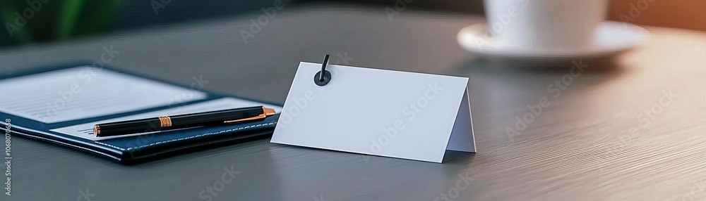 Name tag displayed on table with pen and conference agenda in the frame ...