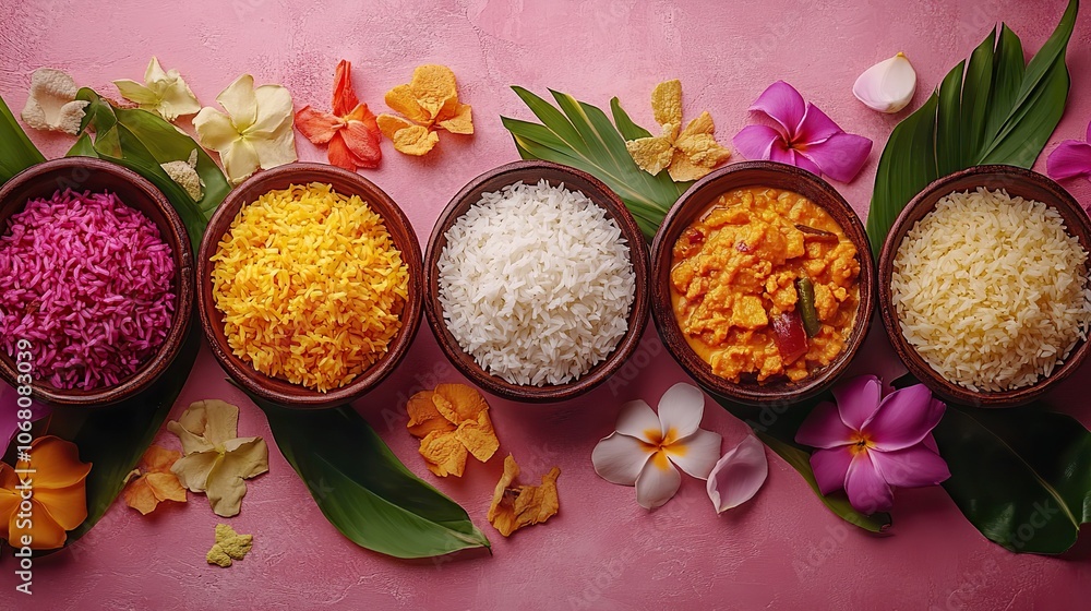 A traditional Onam food display with sadhya rice on a pink background ...