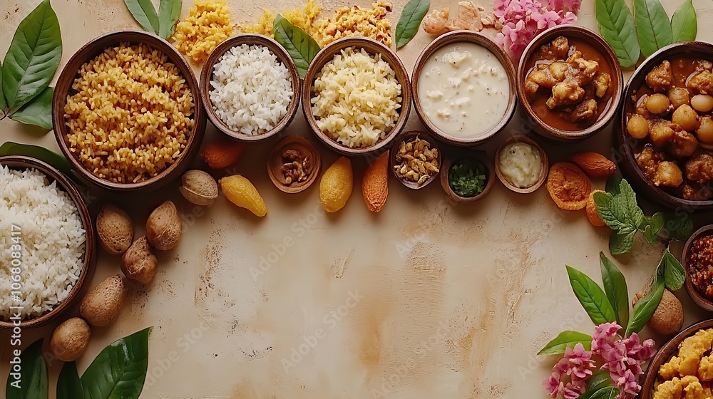 A traditional onam sadhya meal arranged on a beige background ...