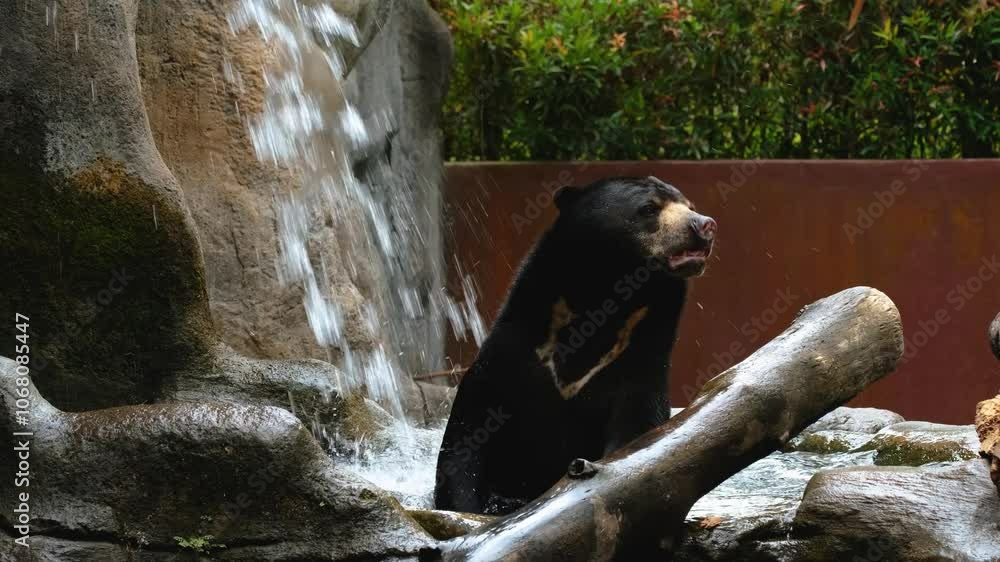 Portrait of large Malayan Sun Bear sitting in waterfall and cooling off ...