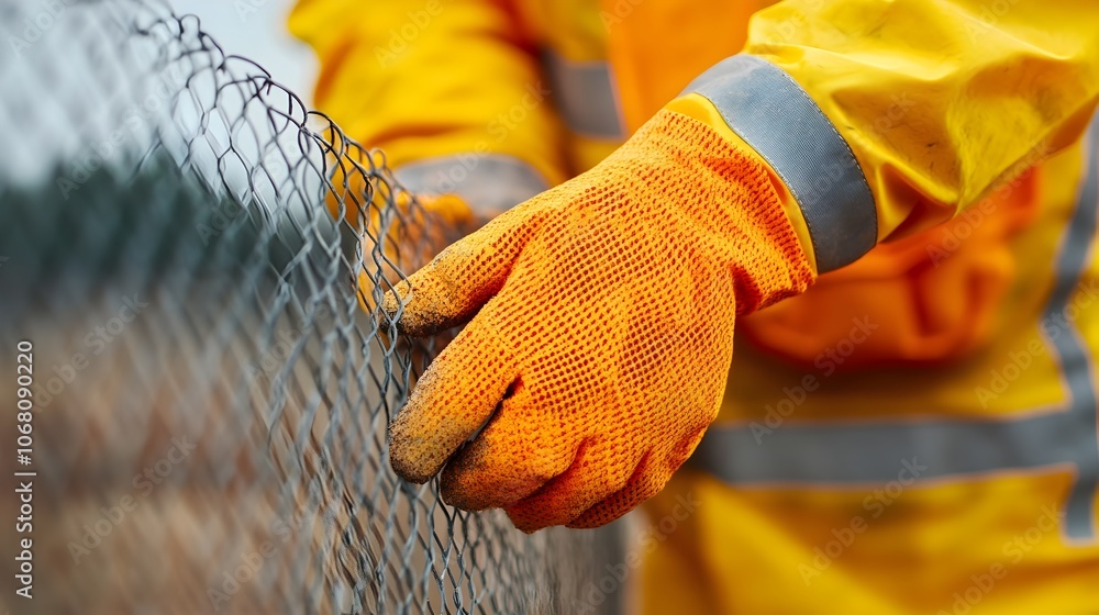 Construction worker in orange safety uniform setting up temporary wire ...
