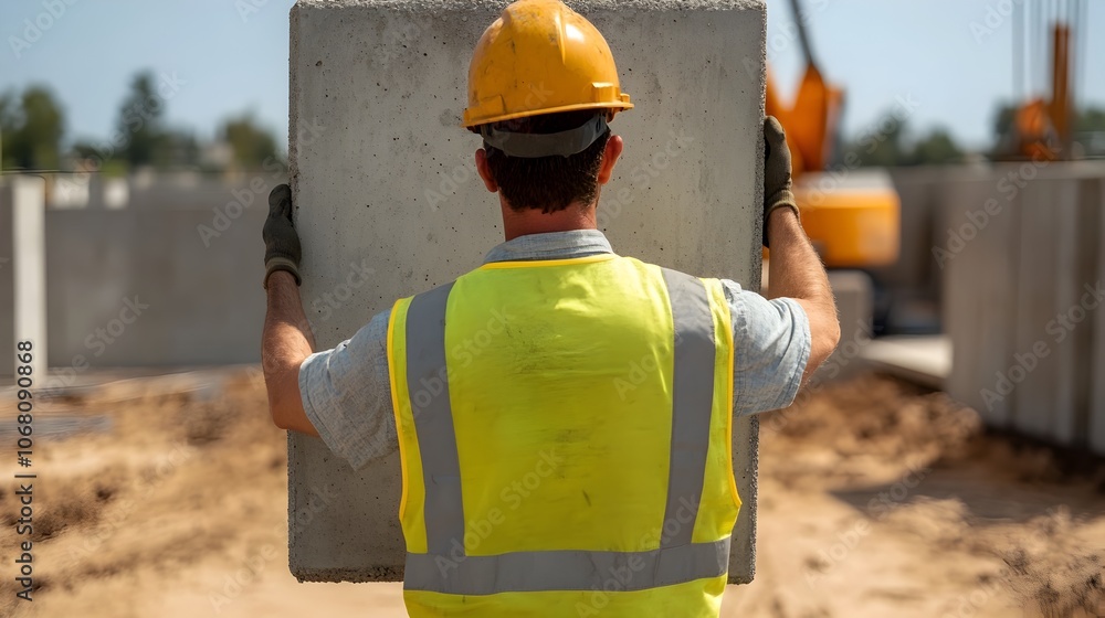 Construction worker in safety gear lifting a large concrete block using ...