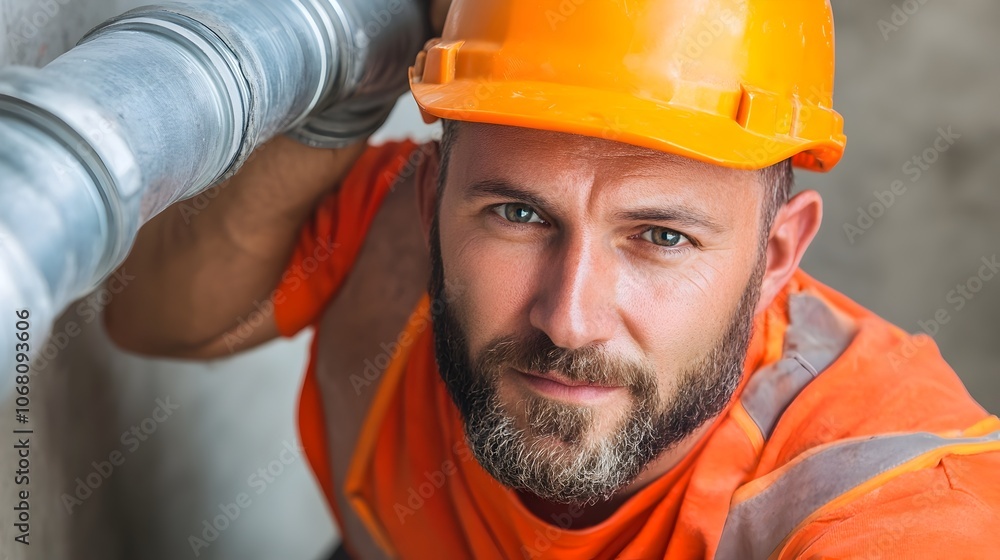 Construction worker wearing safety helmet and uniform fitting metal ...