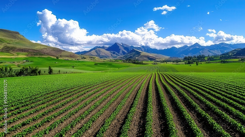 Vast green fields with rows of crops under a bright blue sky and fluffy ...