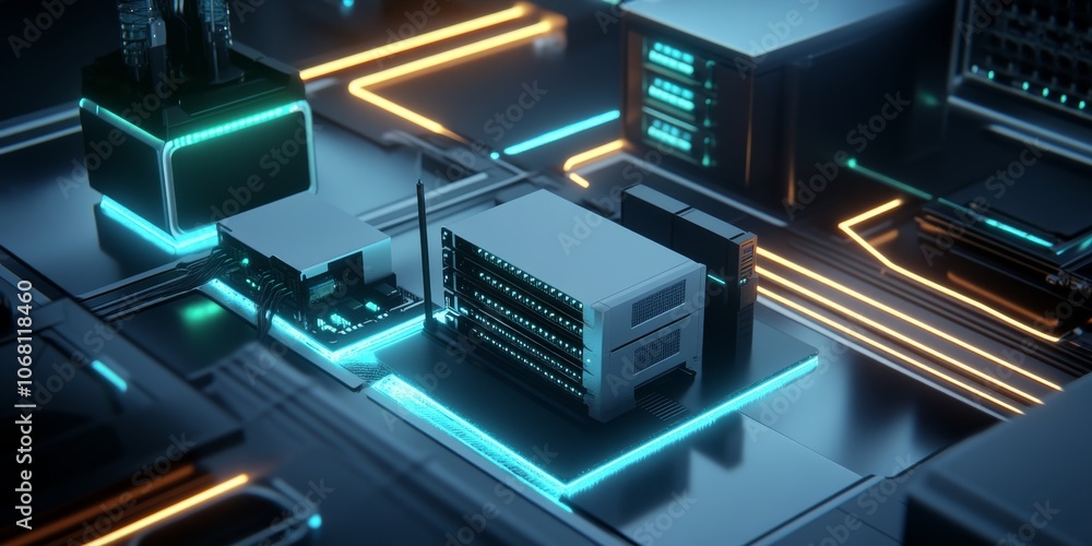 A 3D image shows a server in a data center connected to a modem and Wi ...