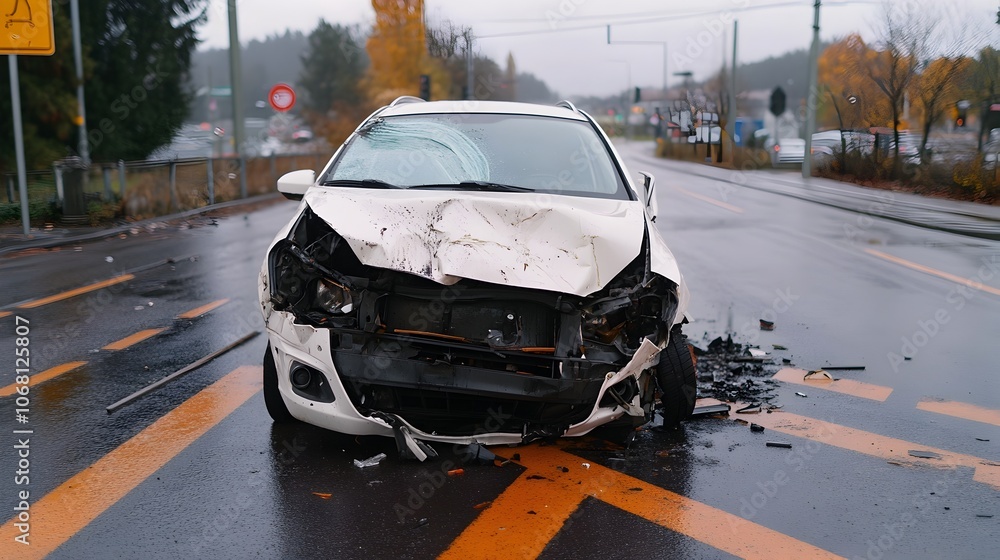 Damaged car with destroyed front end colliding with pedestrian barrier ...