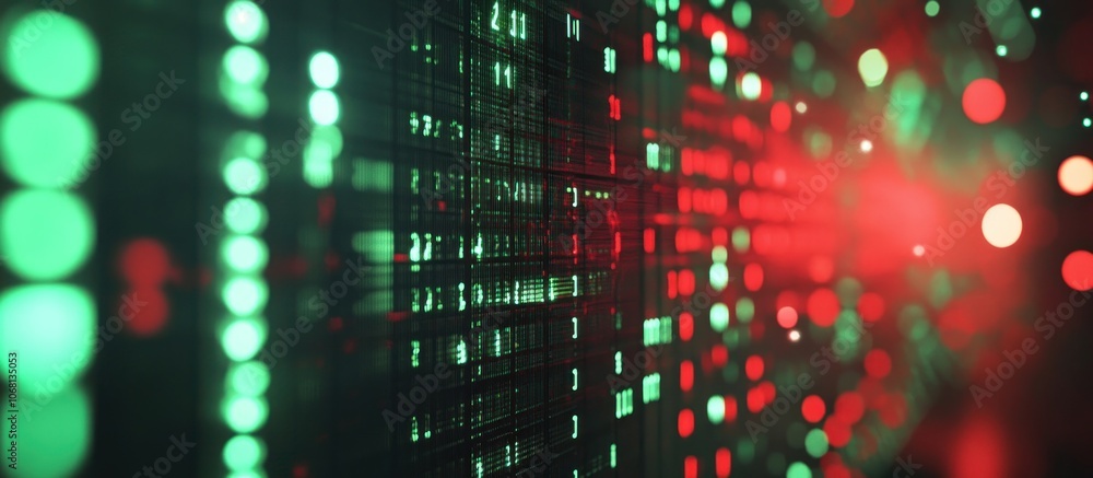 Stock market numbers displayed on an LED ticker tape, zoomed-in view ...