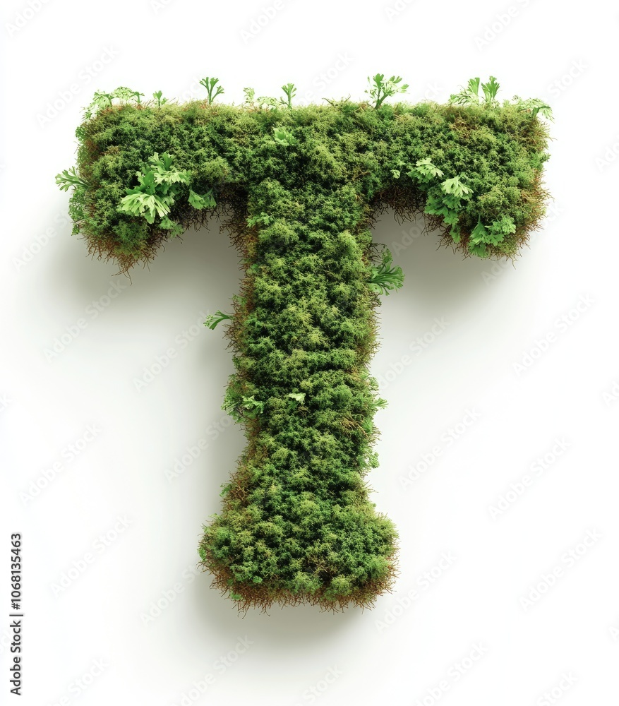 English letter T of the latin alphabet made from green stabilized moss ...