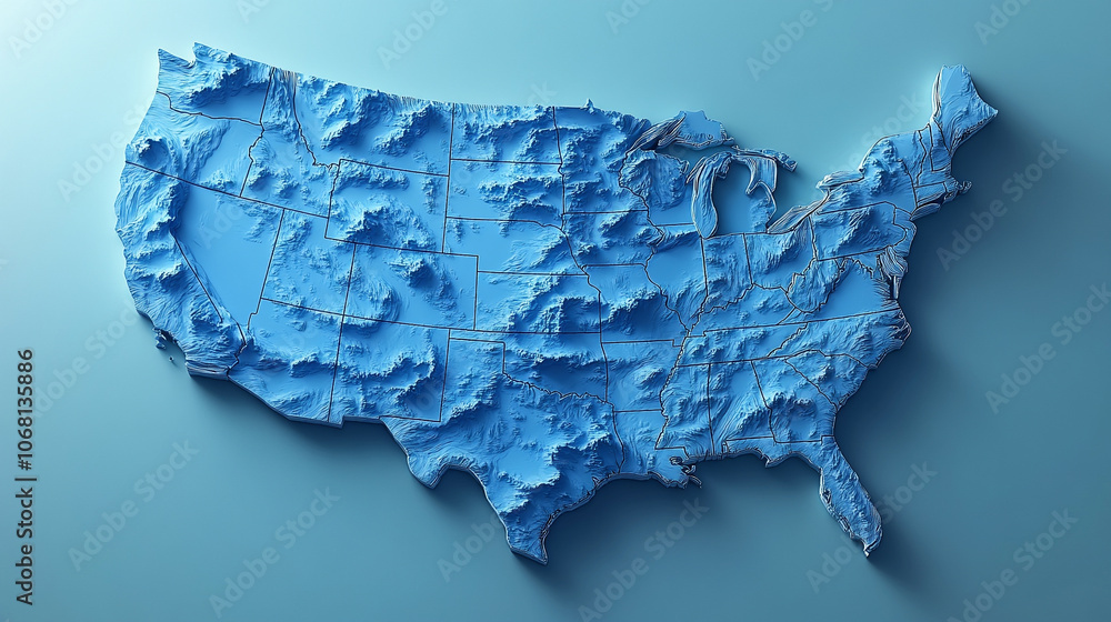 A modern 3D illustration of the United States map, featuring bold ...