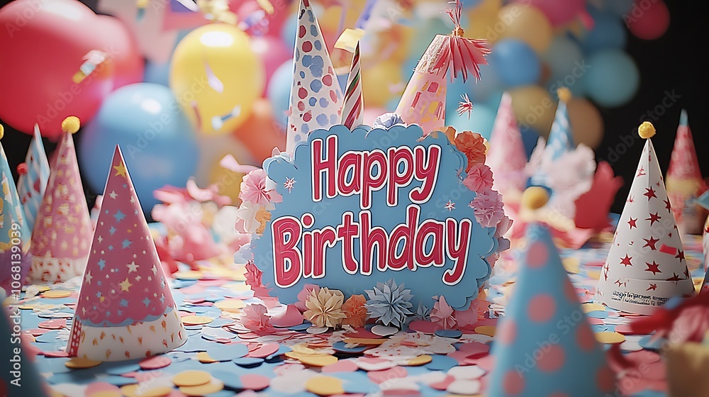 Happy Birthday paper cutouts on a decorated table with scattered party ...