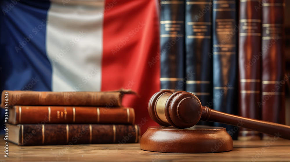 Law and justice concept. France flag standing at blurred angle behind ...