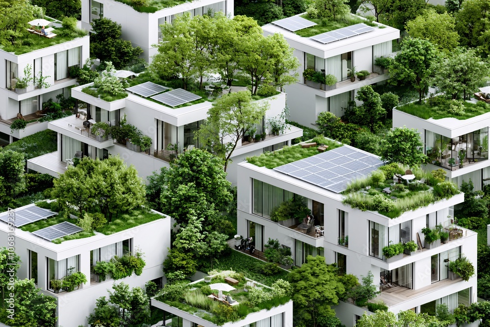 An urban setting with electric vehicles, green roofs, and solar ...