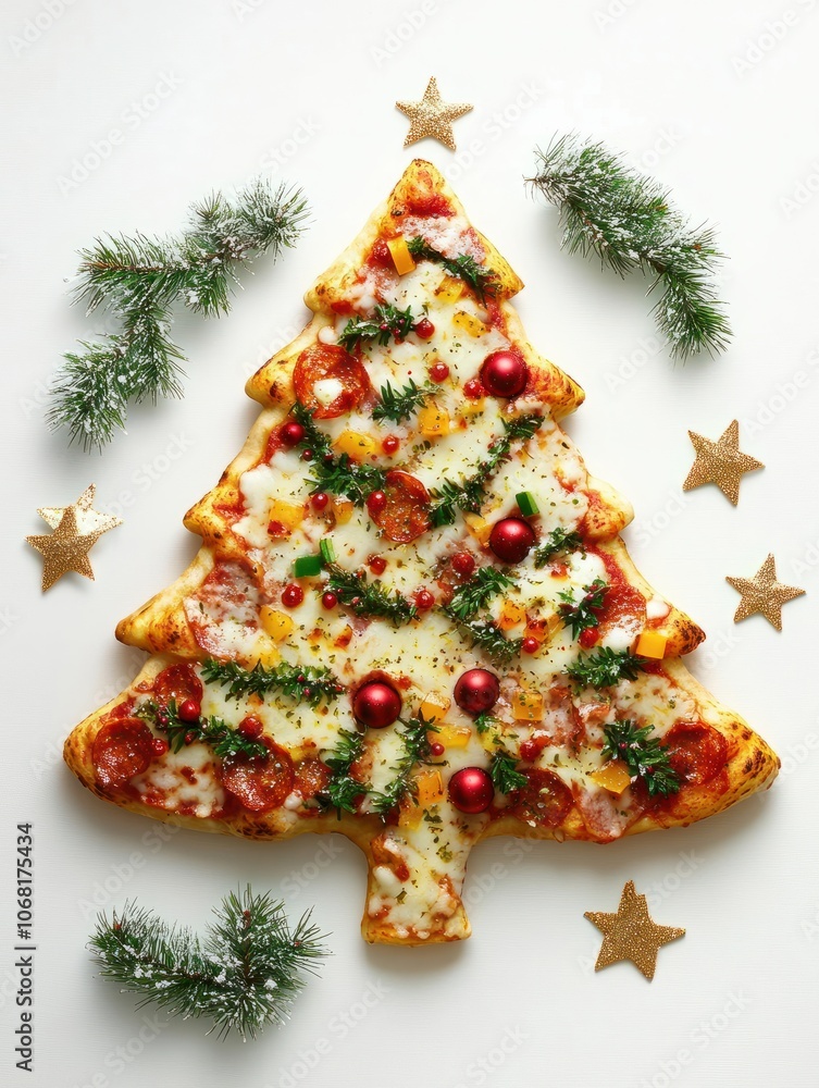 Festive pizza shaped like a Christmas tree with toppings displayed on a ...