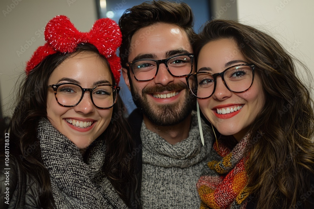 The office hosts a photo booth with New Year’s Eve props. Colleagues ...