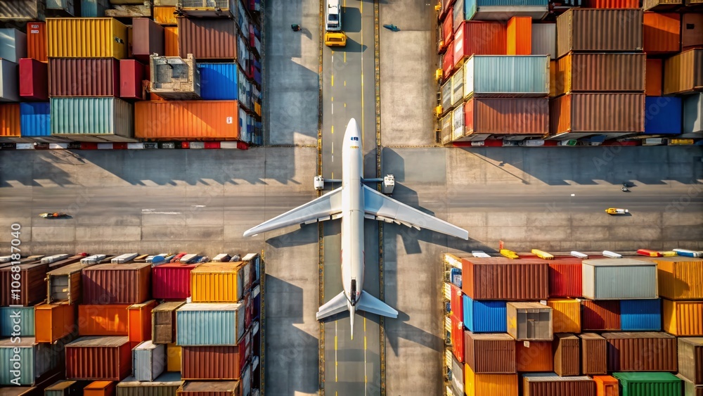 Cargo Plane Positioned on Runway Amidst a Sea of Colorful Shipping ...