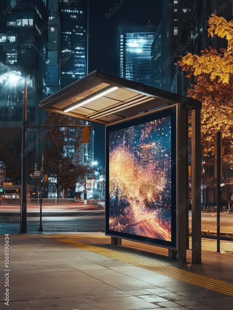 Vertical advertising poster mockup at empty bus stop shelter by main ...