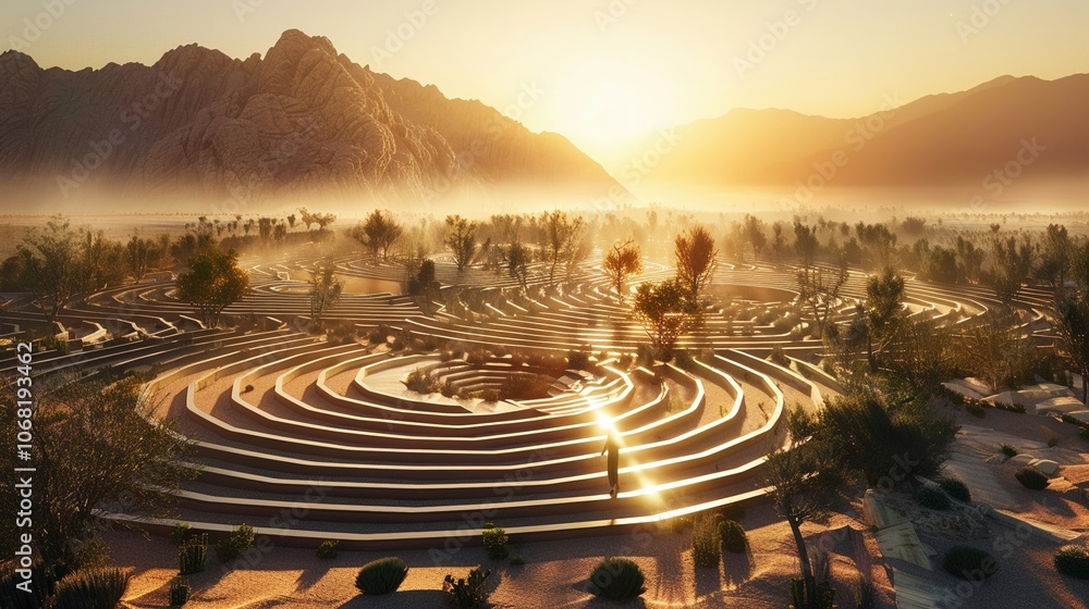 A labyrinth of glass in the heart of a desert reflecting the sun in ...
