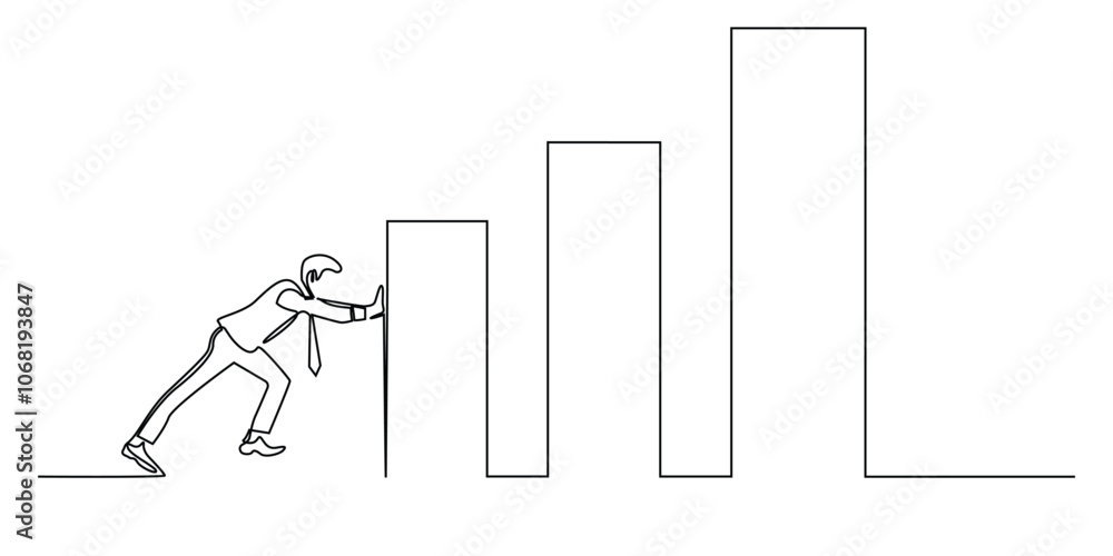 continuous line drawing of businessman pushing business graph.one line ...