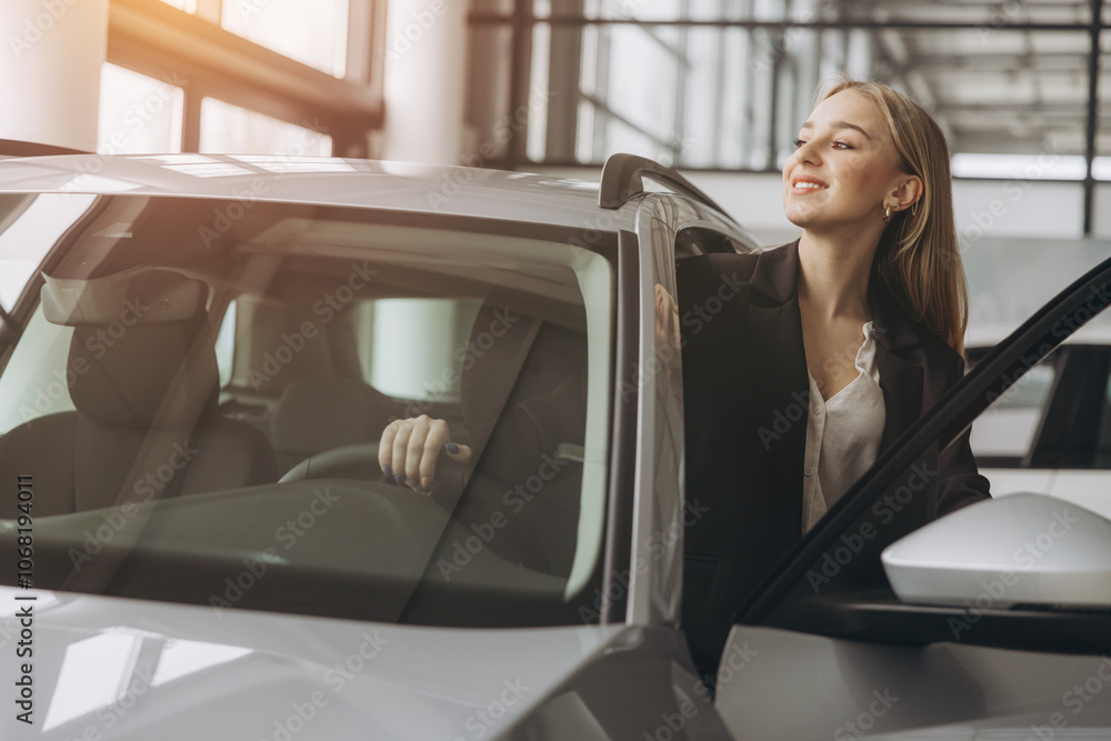 Happy amazed woman customer female buyer client wears suit open door ...