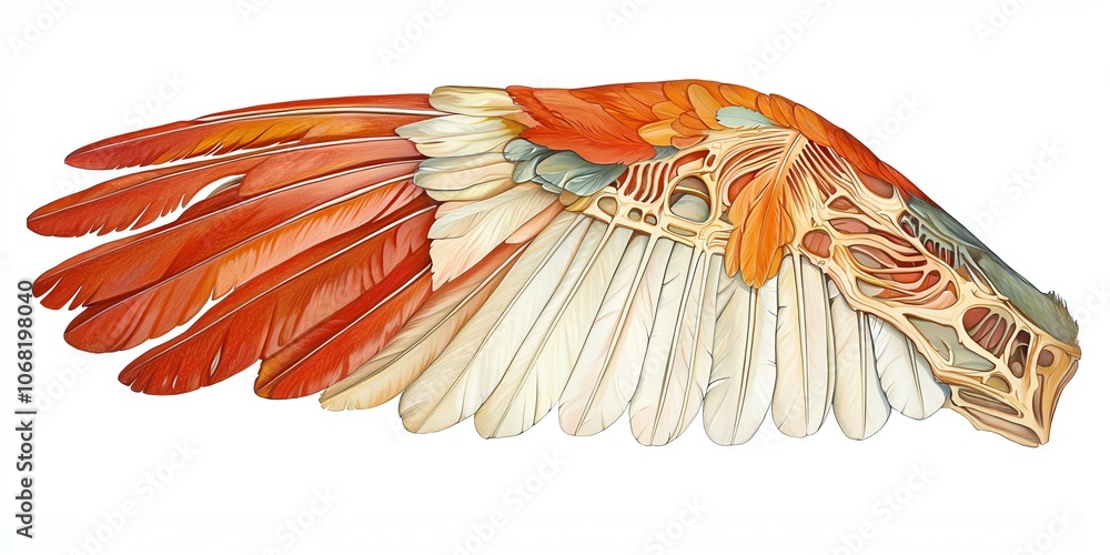 Anatomical illustration of bird wing structure, detailed feather ...