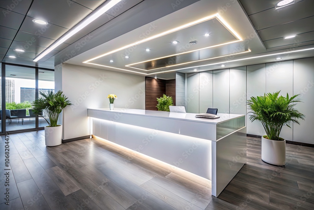 Low Light Photography of a Modern White Office Hall Featuring a Sleek ...