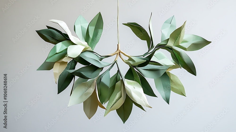 Close-up of an origami mistletoe hanging from above, displayed against ...