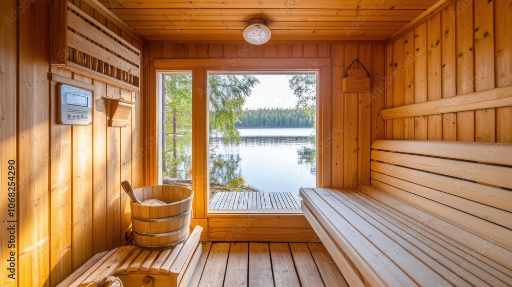 Interior of a Finnish sauna with a view of the lake, traditional and ...