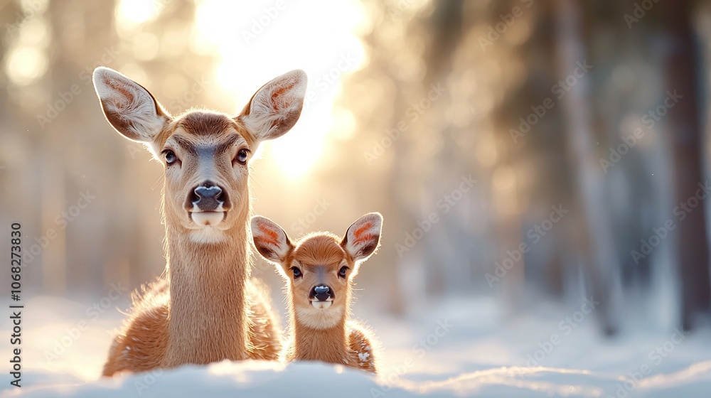 A serene image of a doe and its fawn in a snowy landscape, with soft ...
