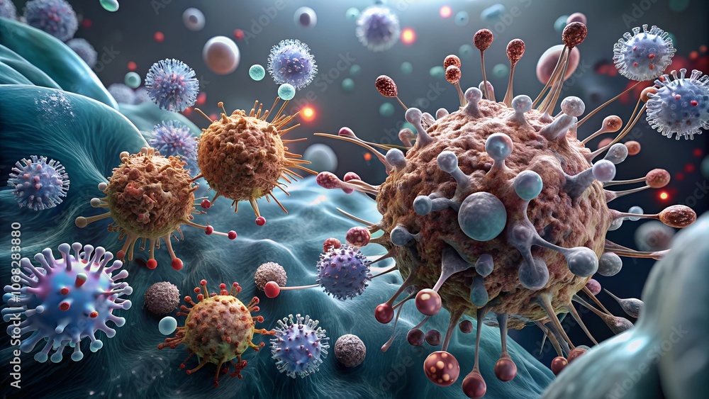 Detailed 3D illustration of viruses and pathogens interacting in a ...