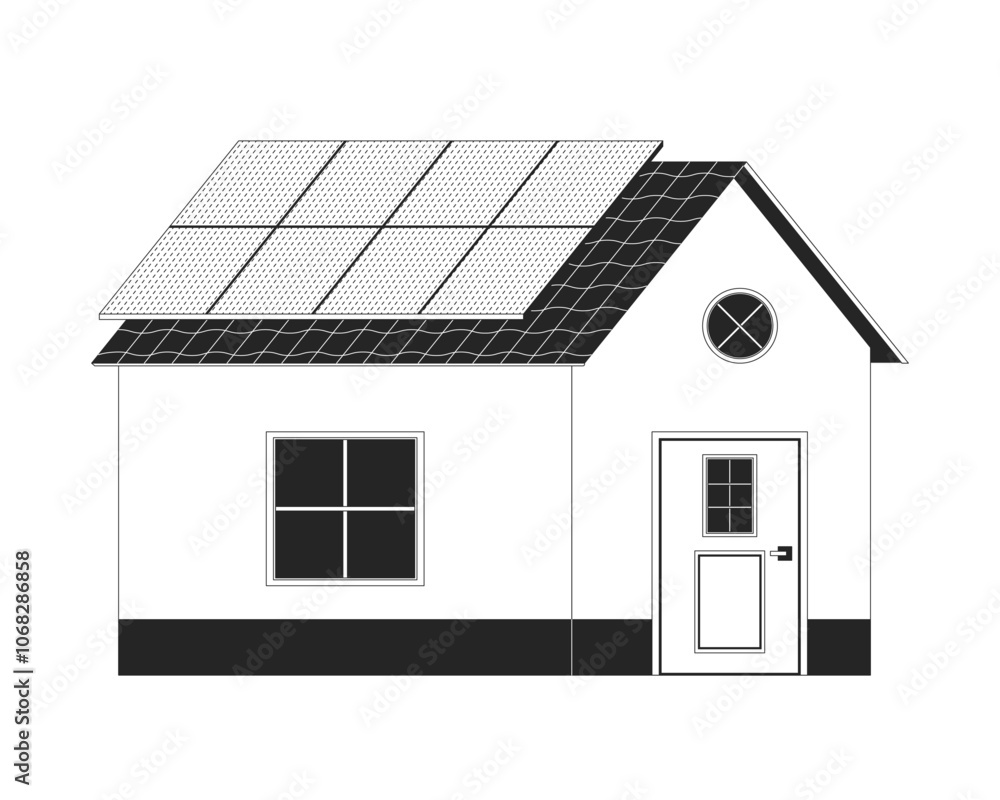 Home with solar panels black and white 2D line object. Rooftop ...