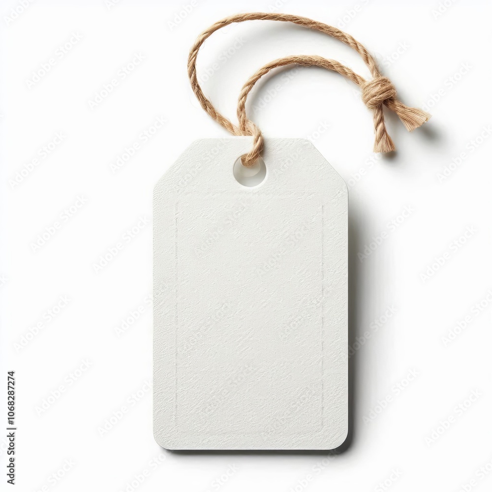 Blank white price tag with string on white background, empty cardboard ...