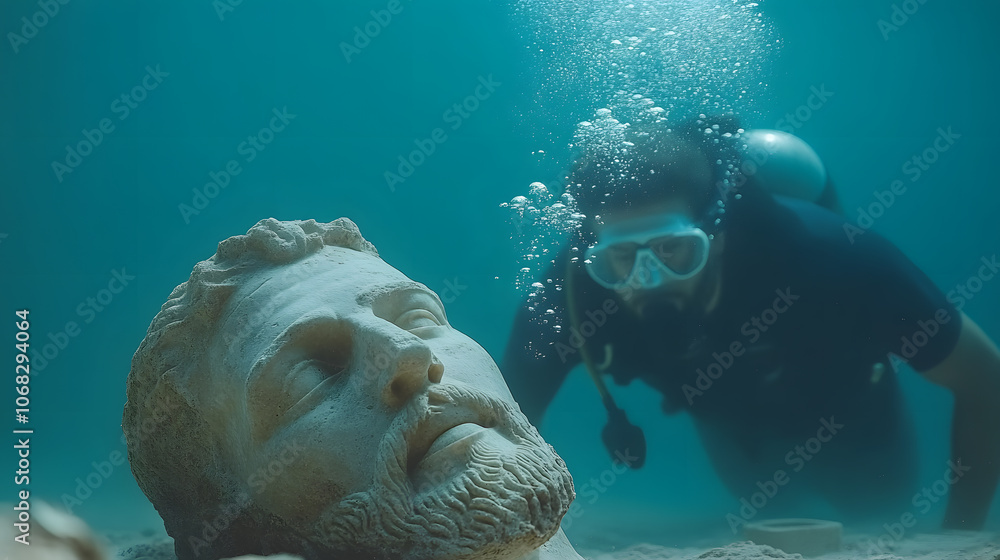 Diver Exploring Ancient City Ruins Underwater – Historic Sunken Relics ...