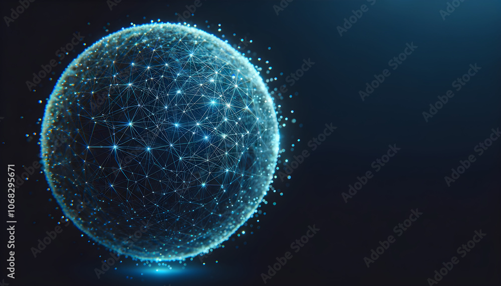 3D sphere of connected dots and lines illuminated in blue tones ...