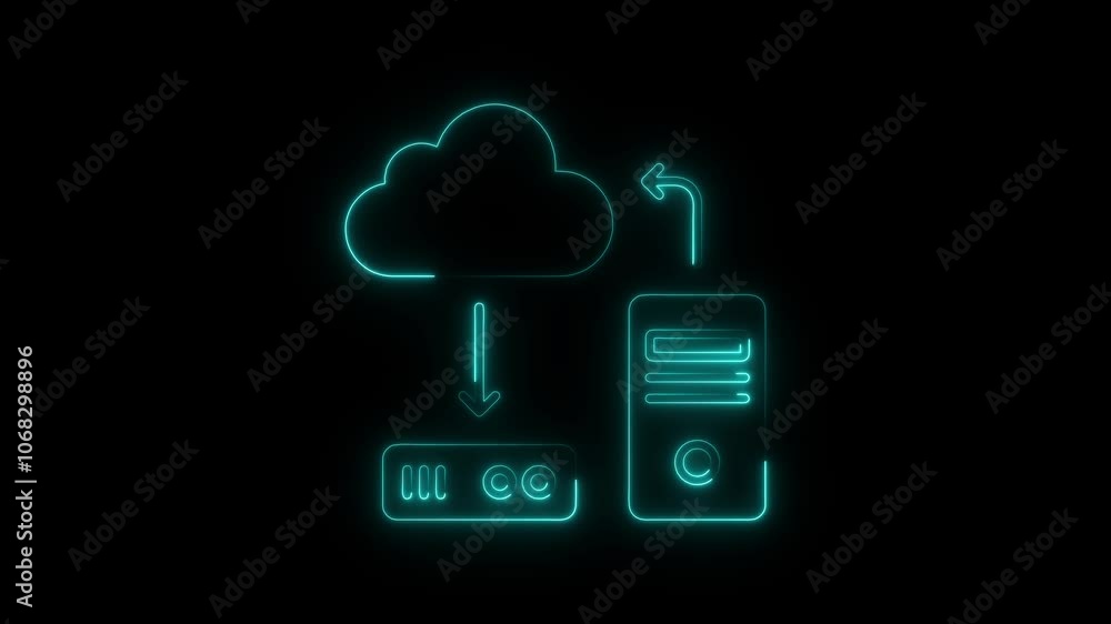 Data exchange cloud icon glow neon style, remote info storage, database ...