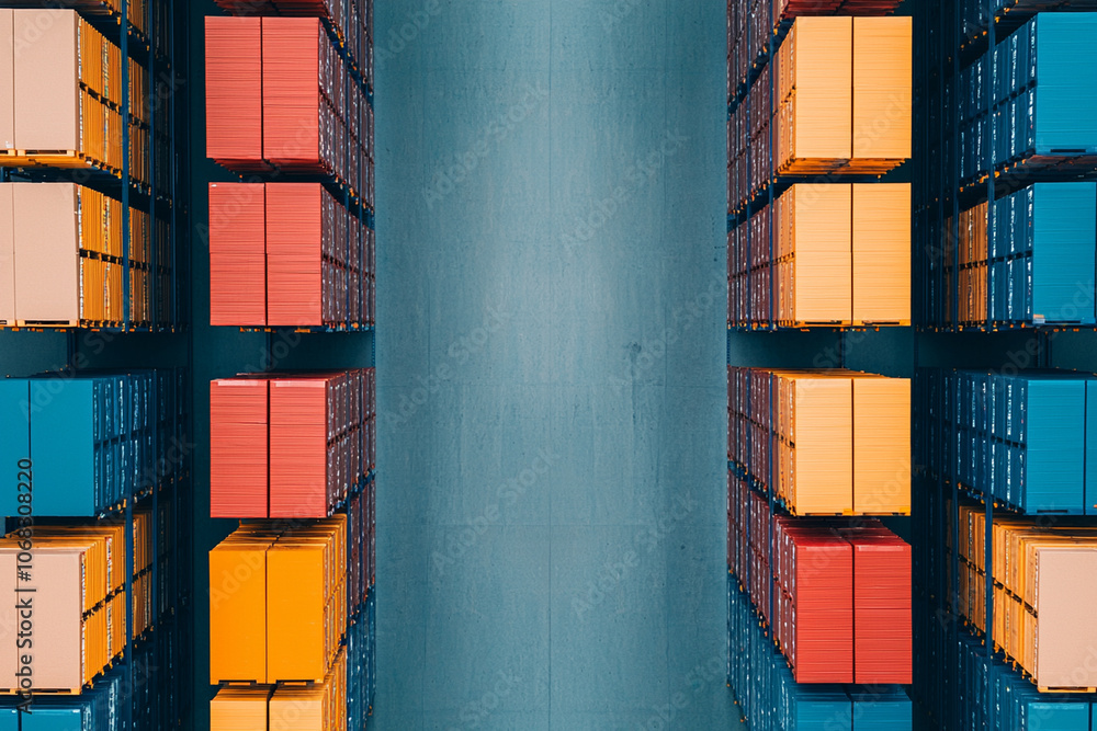 birds eye view of bustling warehouse filled with colorful shipping ...