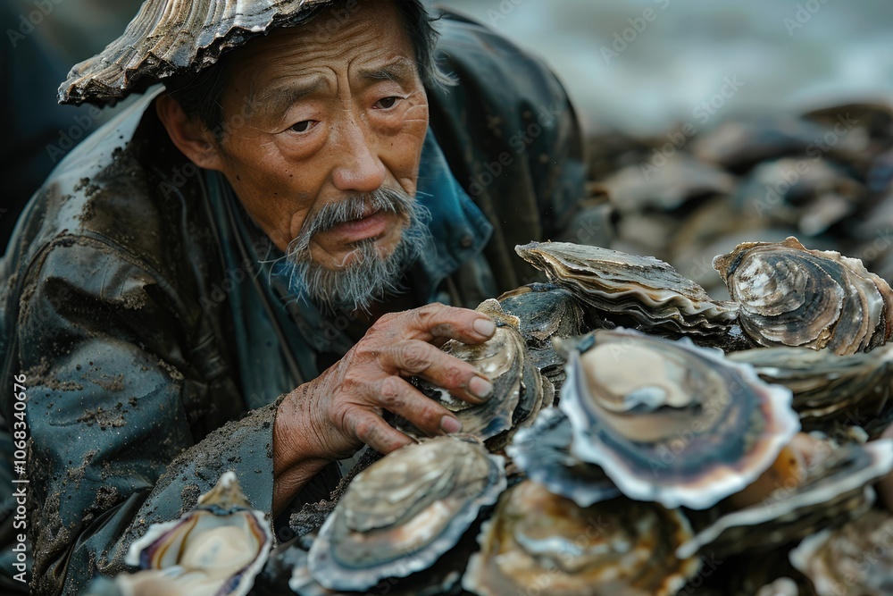 An elderly Asian fisherman in a traditional straw hat kasu sorts through freshly caught oysters ...