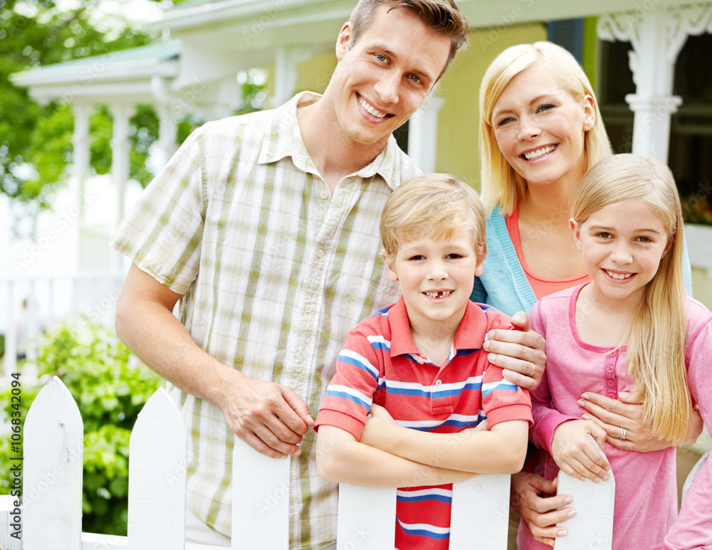 Family, hug or portrait in garden for new home, investment opportunity ...