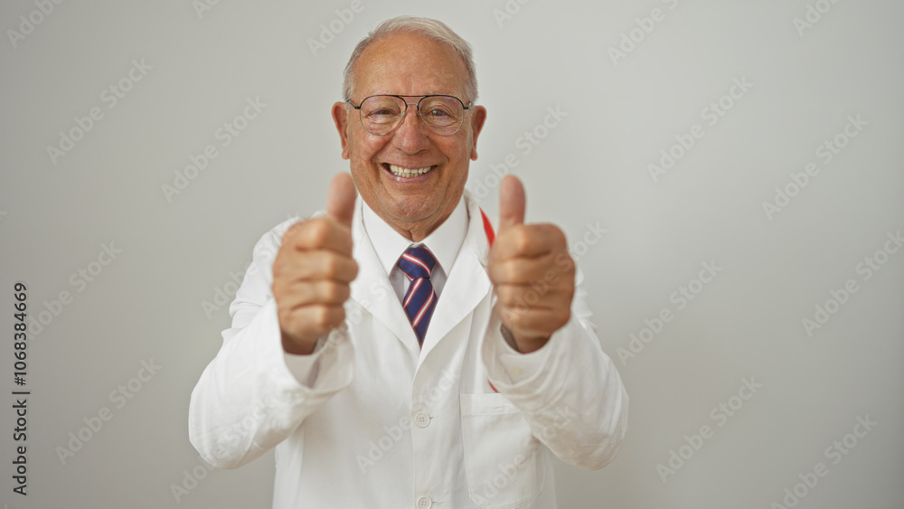Smiling elderly caucasian man in a white lab coat and glasses giving ...
