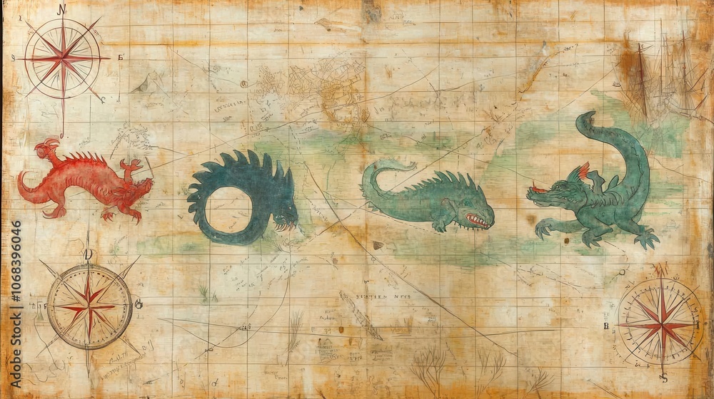 Explore the joyful journey of a monkey on an old-fashioned nautical map ...