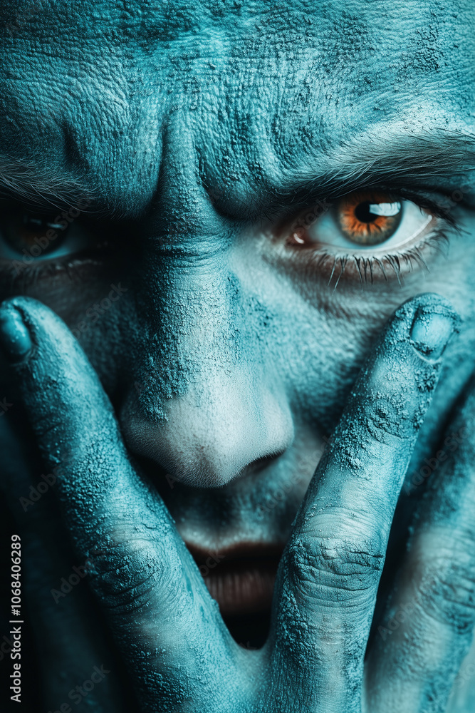 Striking close-up portrait of a man with blue skin texture and intense ...