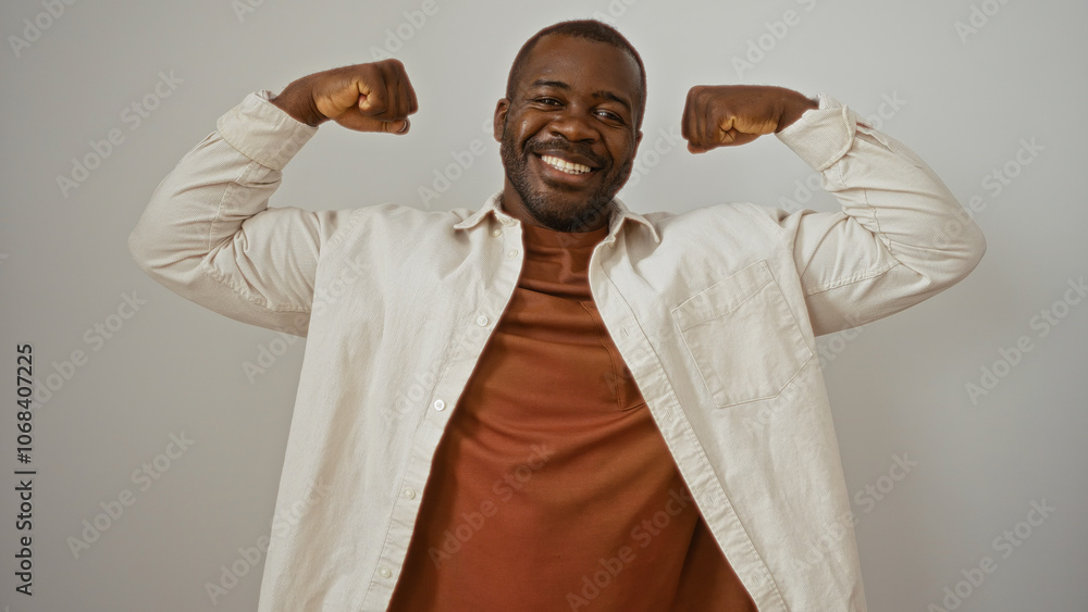 Young african man flexing muscles over isolated white background ...