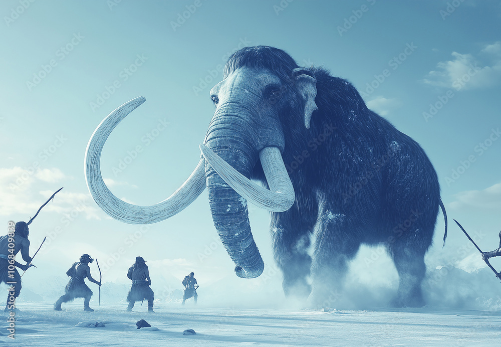 Primitive hunters armed with spears confront a massive woolly mammoth ...