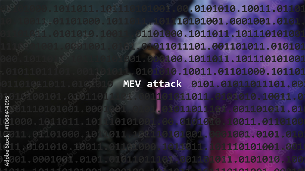 Cyber attack mev attack text in foreground screen, anonymous hacker hidden with hoodie in the ...