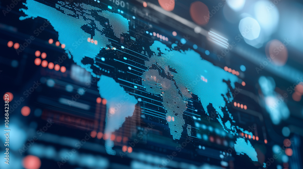 World map displayed on a digital screen, with blinking data centers ...