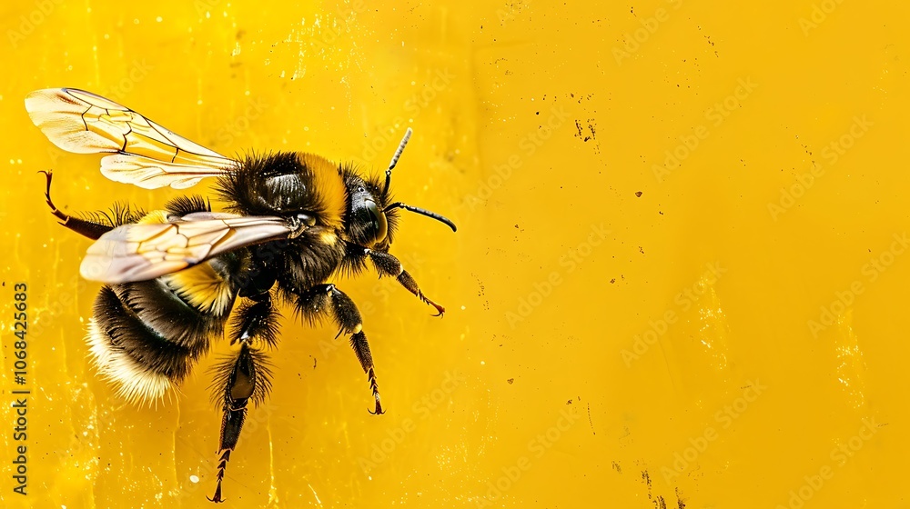 A bee on a yellow background. The bee is in focus and the background is ...