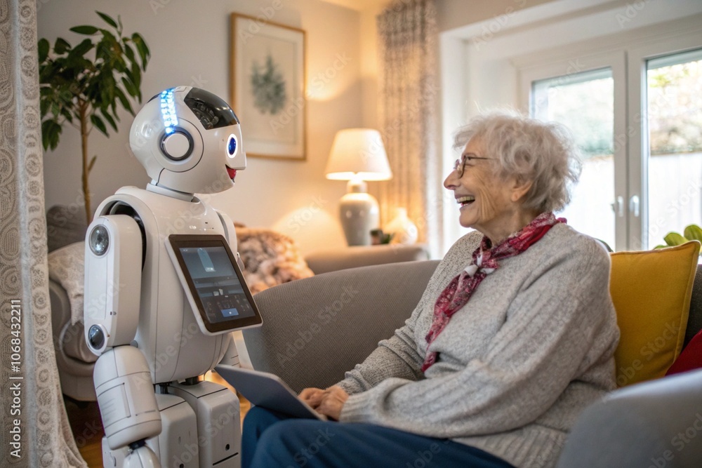 An elderly woman sits and smiles while interacting with a humanoid care ...