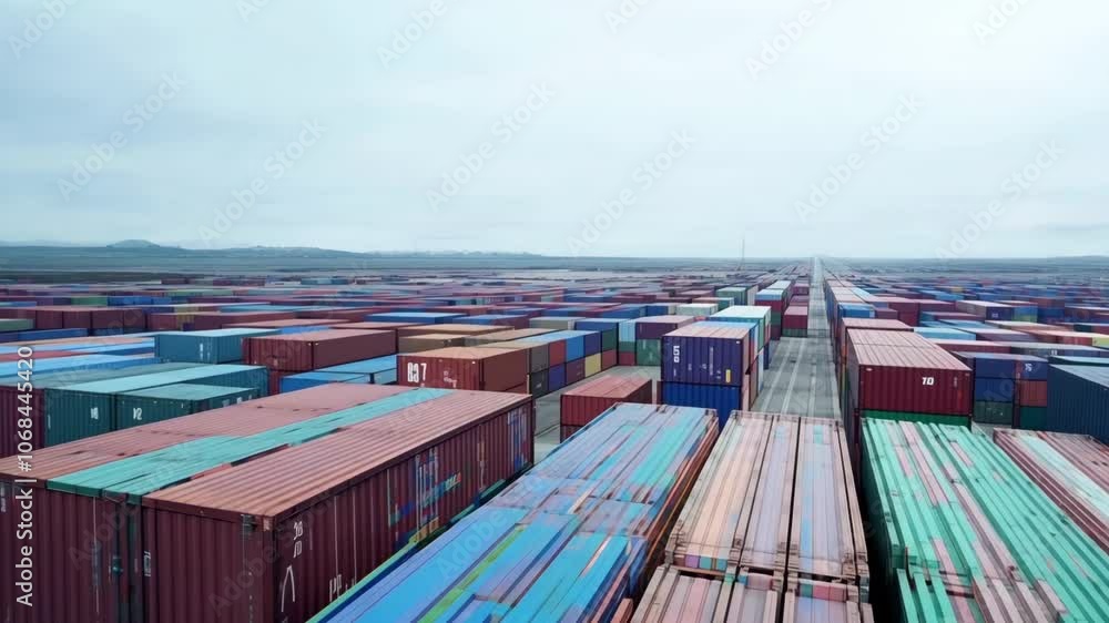 Busy shipping yard filled colorful cargo containers background. Loading ...