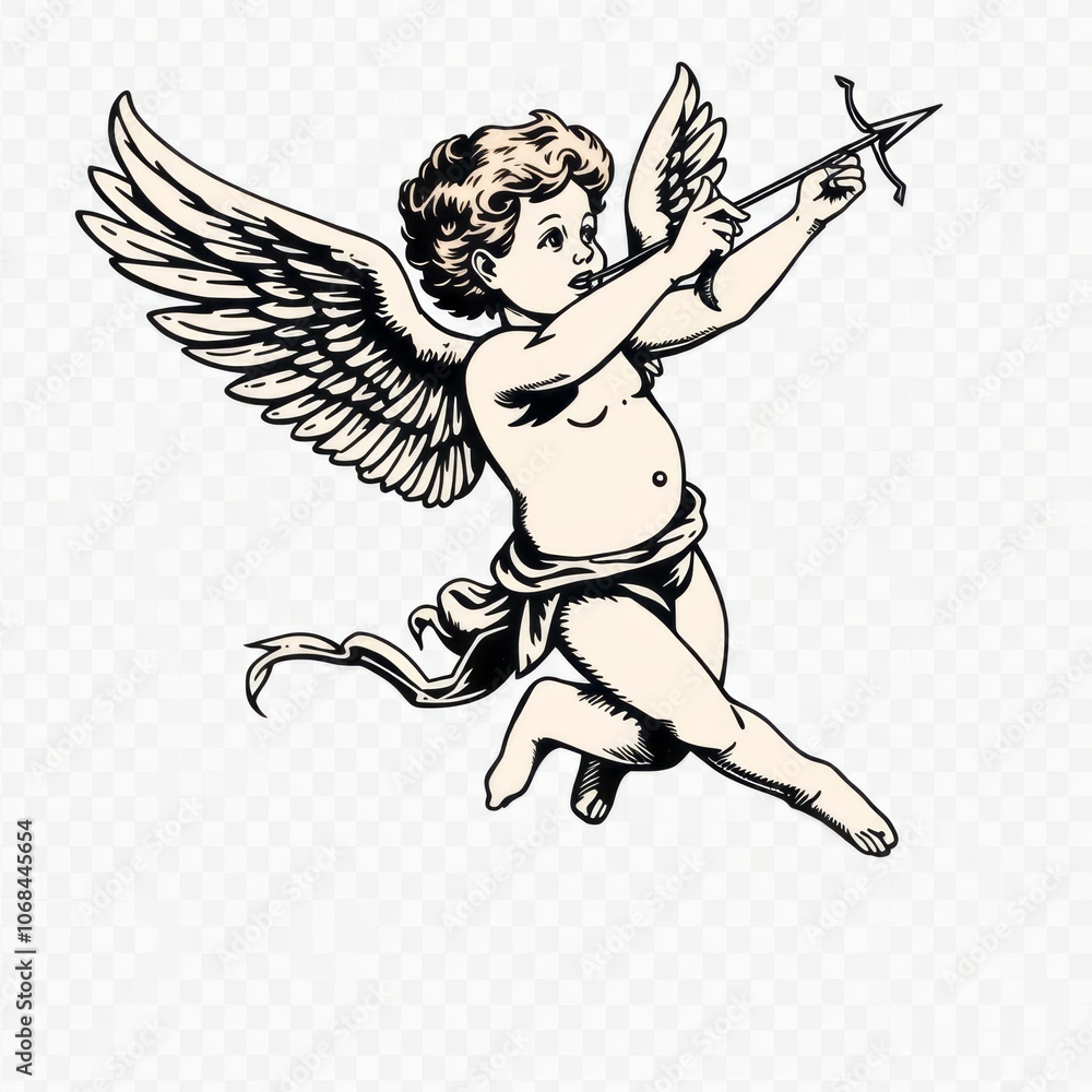 Cupid flying overhead shooting his arrow vintage illustration isolated ...